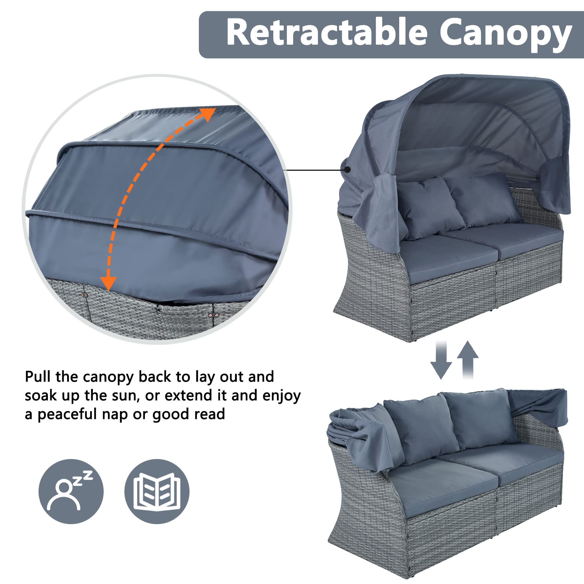 Merax Outdoor Patio Rattan Daybed Sunbed with Retractable Canopy, Sectional Conversation Sofa Set for Backyard and Porch, Grey