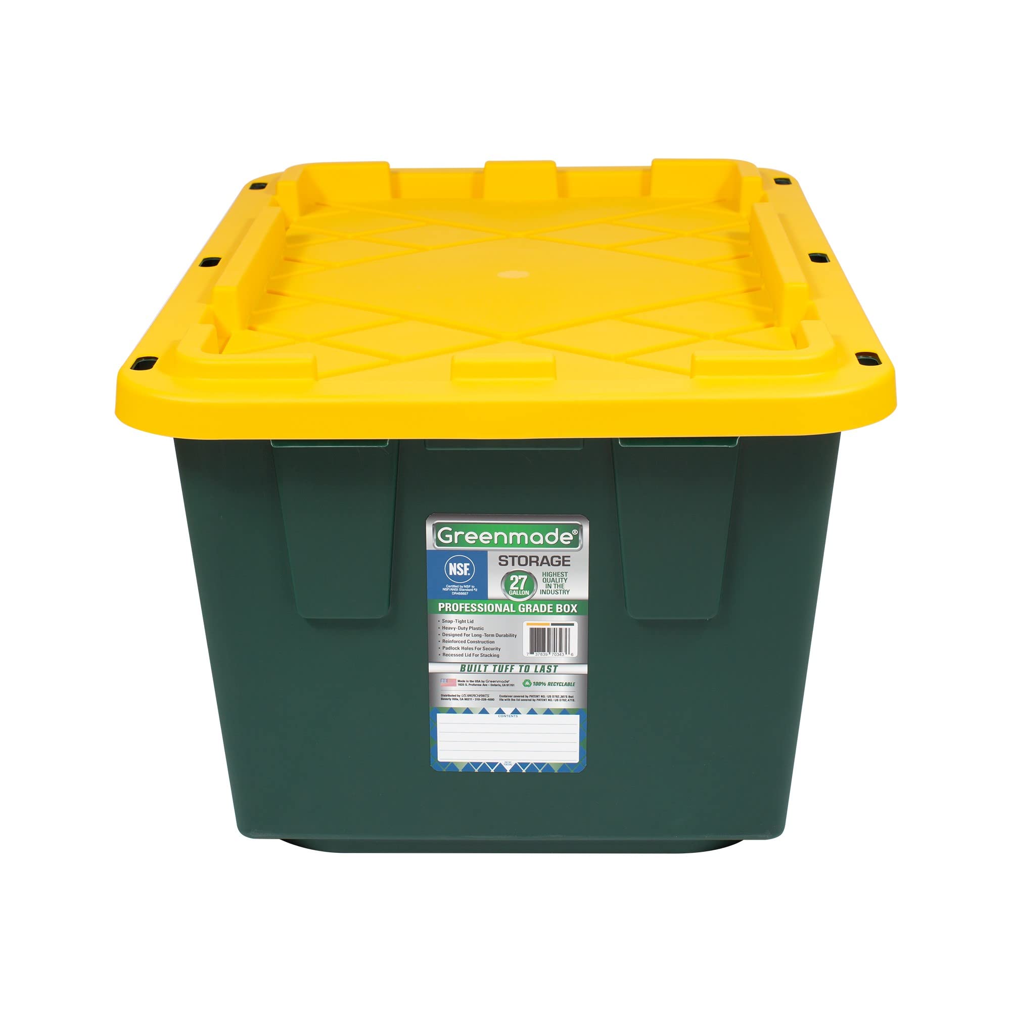 GREENMADE Extra Strong 27 Gallon Plastic Storage Bin, Multi Color, 4 Pack. Heavy Duty Built With Snap Fit Lid. Factory Direct (Green & Yellow)