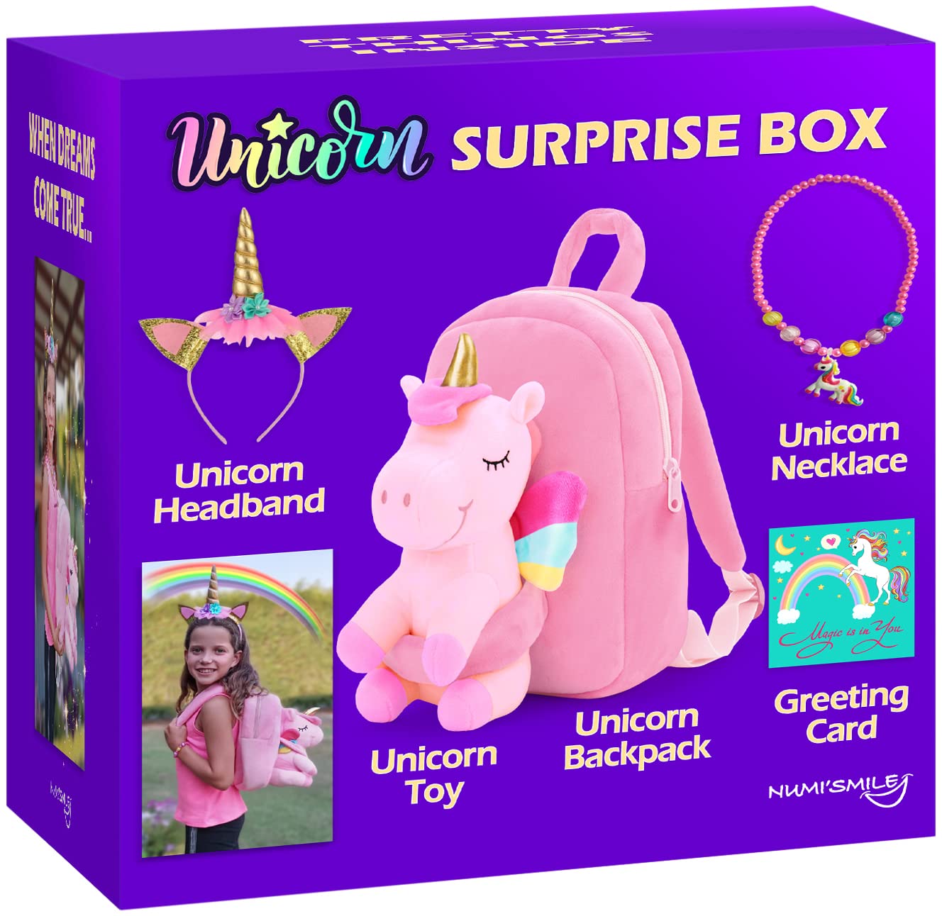 Unicorn Gifts For Girls In A Surprise Box With A Unicorn Plush,Unicorn Backpack, Unicorn Necklace,Unicorn Headband And Greeting Card,Kids Toys,Birthday Girl Present Set Stuffed Animal,Toddler Baby Bag