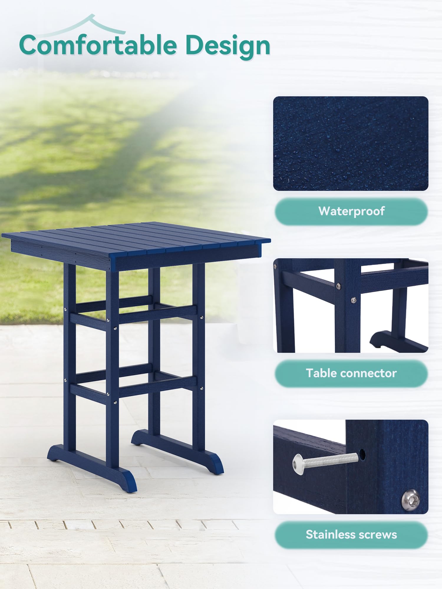 Homenjoy Outdoor Bar Set for 2 Persons, HDPE Weather Resistant Bar Height Patio Set, Patio Square Bar Pub Table and Chairs with Armrest, Bar Table Set for Deck Pool Backyard Balcony, Navy