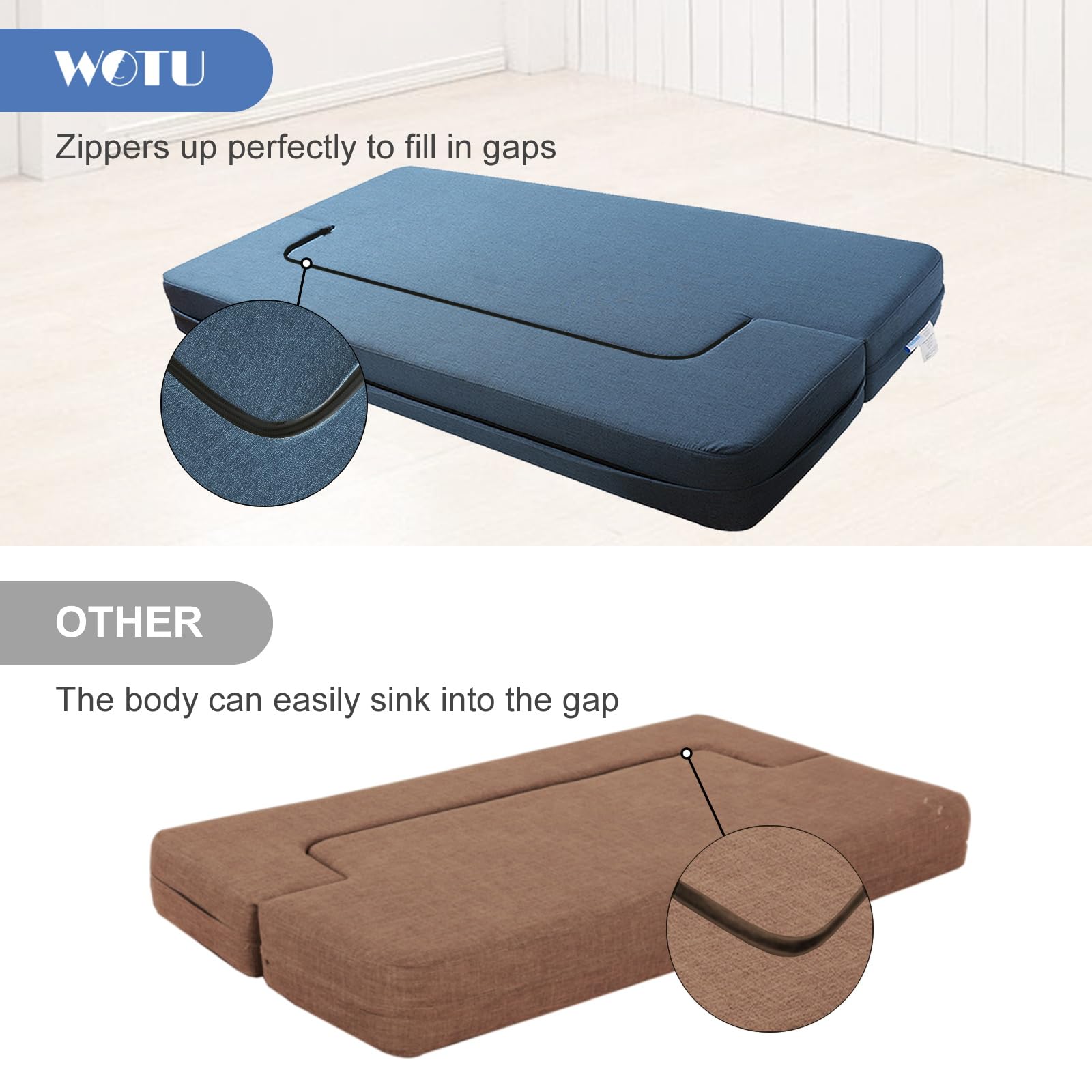 WOTU Folding Sofa Bed Couch Memory Foam Mattress Convertible Fold out Futon Sofa Sleeper Chair Bed for Guest Bedroom and Living Room, 75" W x 30" D x 20" H Twin Size, Washable Cover,Light Grey