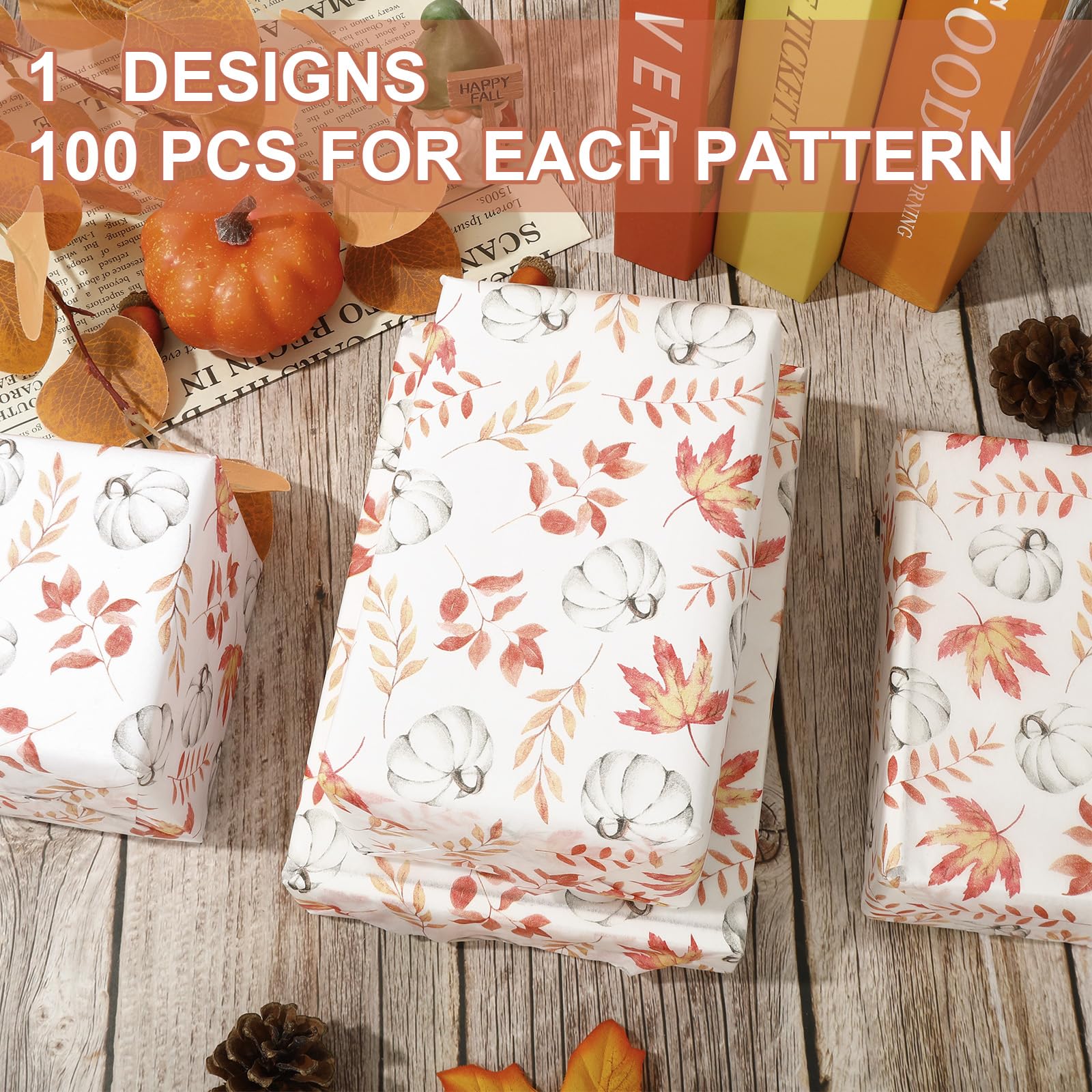 Generic AnyDesign 100 Sheets Fall Tissue Paper Pumpkin Leaves Art Tissue Autumn White Orange Wrapping Paper for Thanksgiving DIY Crafts Gift Packing, 19.7 x 13.8 Inch