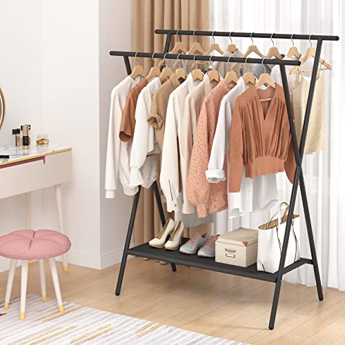 Laiensia Double Rods Clothing Racks for Hanging Clothes,Portable Clothing Hanging Garment Rack with Bottom Oxford Cloth Shelves,Black