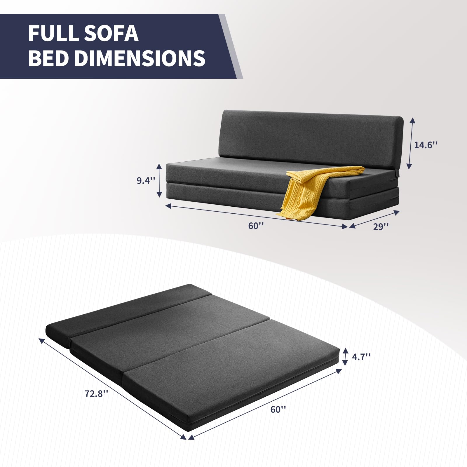 ijuicy Folding Mattress Sofa, Full Convertible Couch Sleeper Bed, 5" Folding Futon Sofa Bed, Floor Chaise Lounge, Portable Couch Bed for Living Room, Bedroom & Guest Room (Full/Dark Grey)