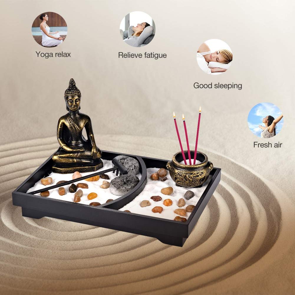 Royal Brands Zen Garden with Buddha, Rake, Rock Candle, and Incense Holder β Peace and Tranquility (9"x6"x7")