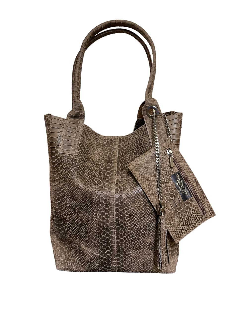 Generico Python Print Bucket Bag in Genuine Leather Made In Italy, Taupe Dove