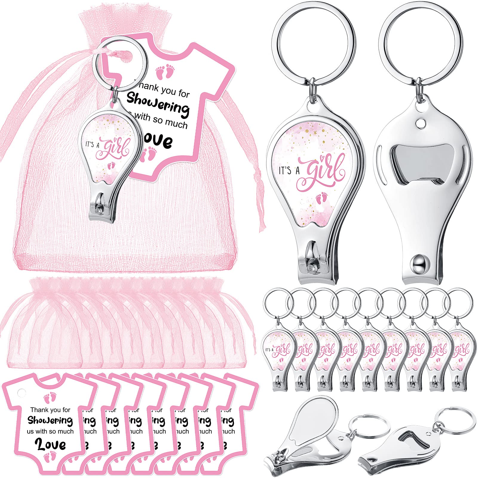 Wesiti 108 Pcs Baby Shower Favors for Guests 36 Baby Nail Clipper Bottle Opener Keychain 36 Thank You Tags and Organza Bags(Pink, Girl)