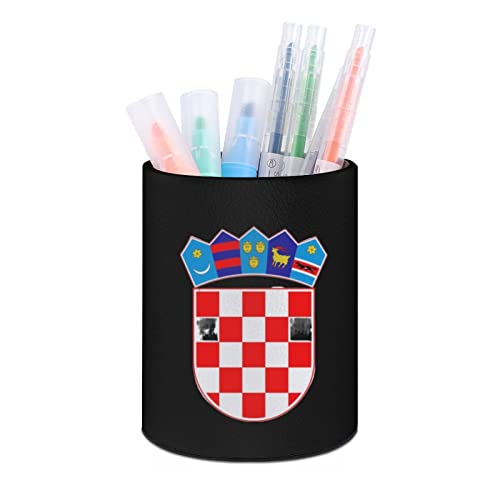 Croatia National Emblem Pen Holder PU Leather Pencil Cup Cute Desk Organizer Makeup Brush Box for Home Office