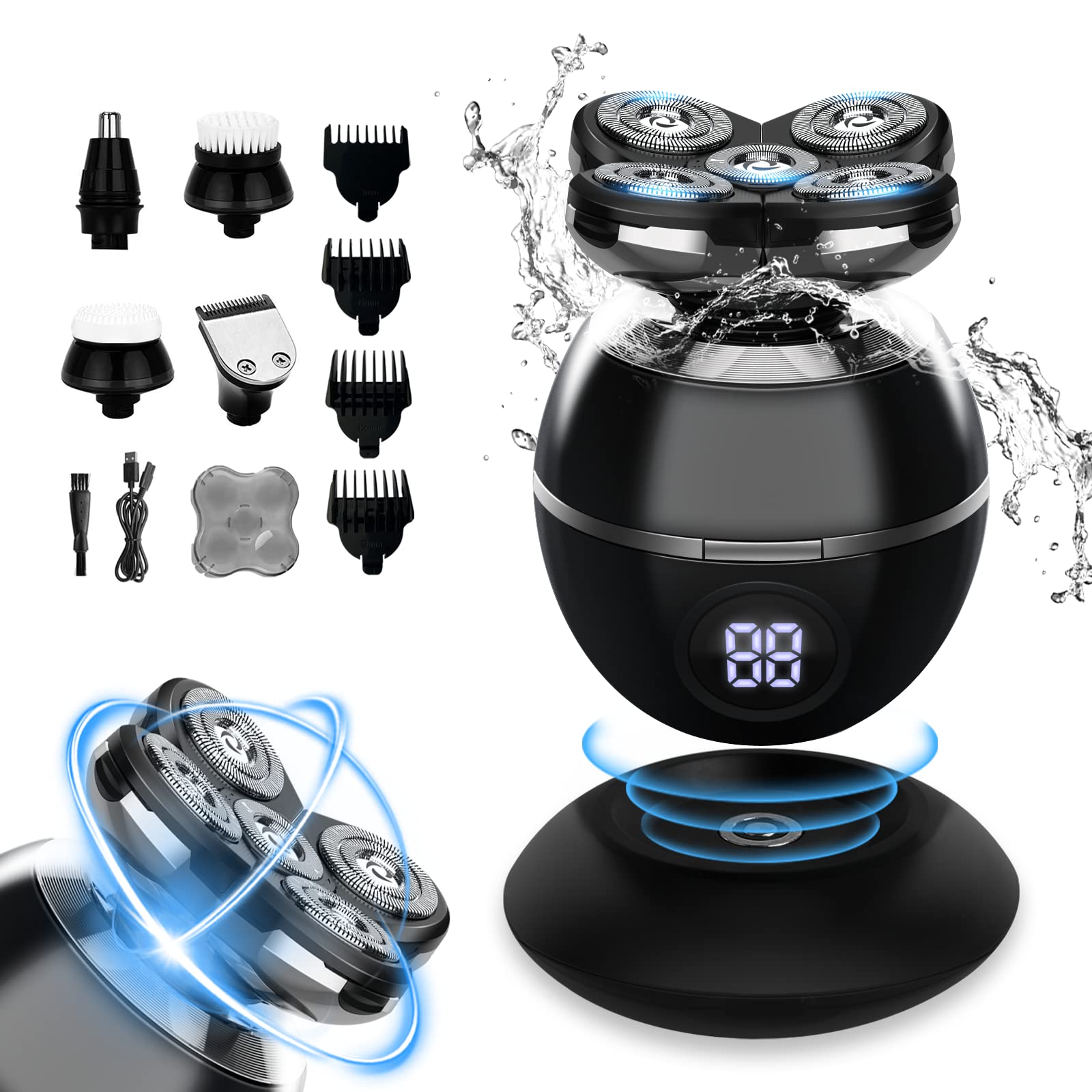 RAYCOSHAVE Head Shaver for Bald Men, 5 in 1 Wet & Dry Shaver Waterproof Bald Head Shaver, USB Rechargeable Rotary Shavers Grooming Kit with LED Display, Anti-Pinch, Ergonomic Design