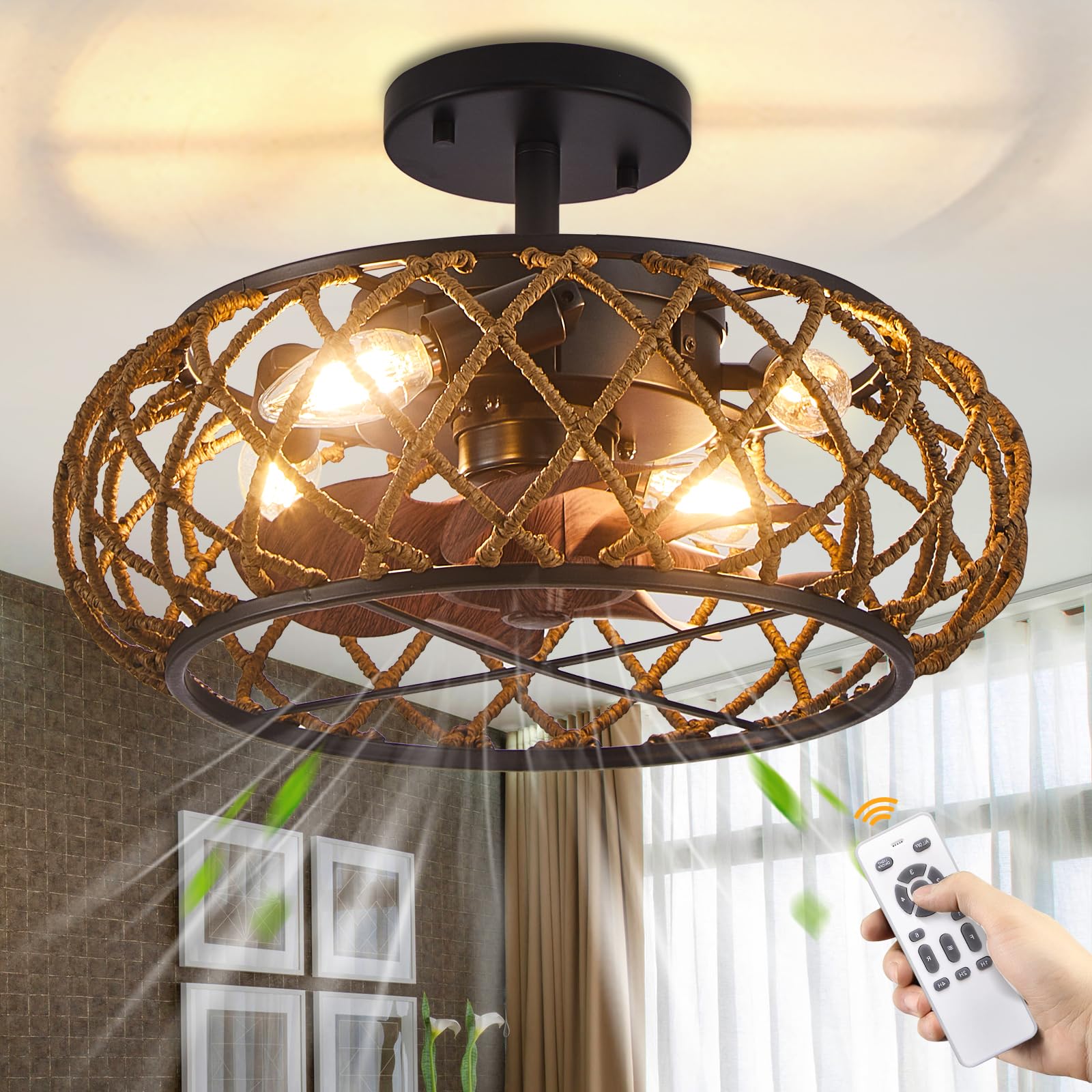 Buevea Caged Ceiling Fans with Lights Remote Control, 16'' Farmhouse Rattan Low Profile Ceiling Fan with Lights, Small Bladeless Celling Fan for Bedroom, Kitchen