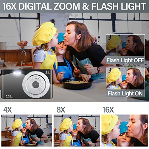 Digital Camera, 1080P 44MP Compact Camera for Kids Digital Video Camera with 16X Digital Zoom, Portable Point and Shoot Digital Cameras for Beginners,Students,Teens with 32GB SD Card and 2 Batteries