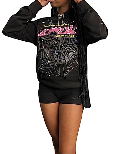 KOSUSANILL Full Zip Up Hoodies Spider 555 Gothic Graphic Print Designer Hoodie Y2K Rhinestone Oversized Sweatshirt Halloween outfit (Black Spider Net, M)