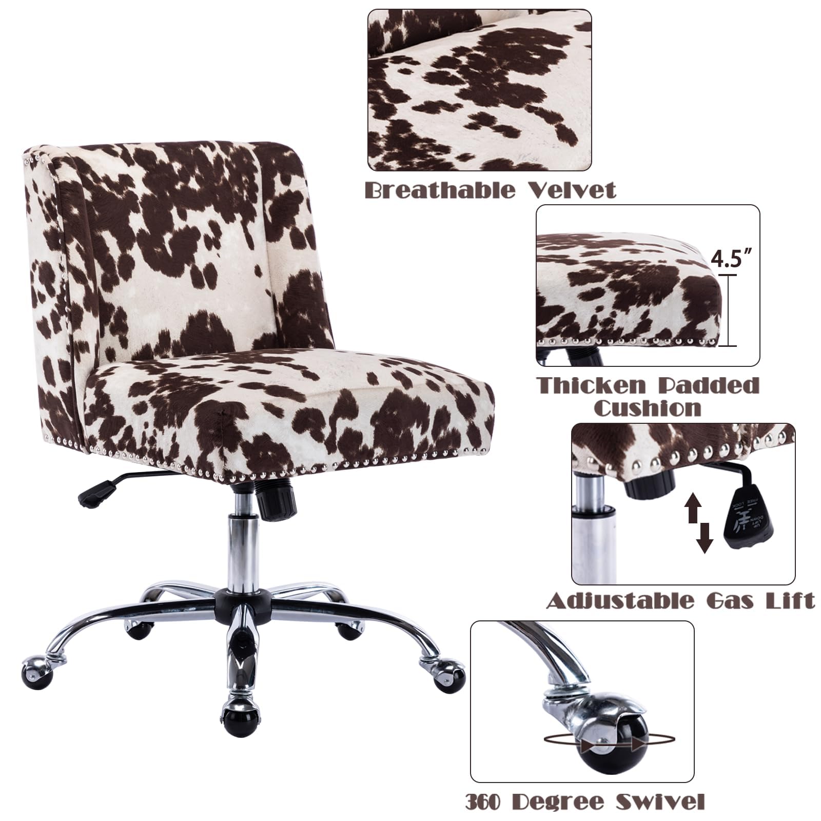 Janoray Home Office Desk Chair, Modern Swivel Height Adjustable Computer Chair, Comfy Upholstered Armless Accent Chair for Reading/Living Room/Small Space, Cow Fabric & Chrome Base