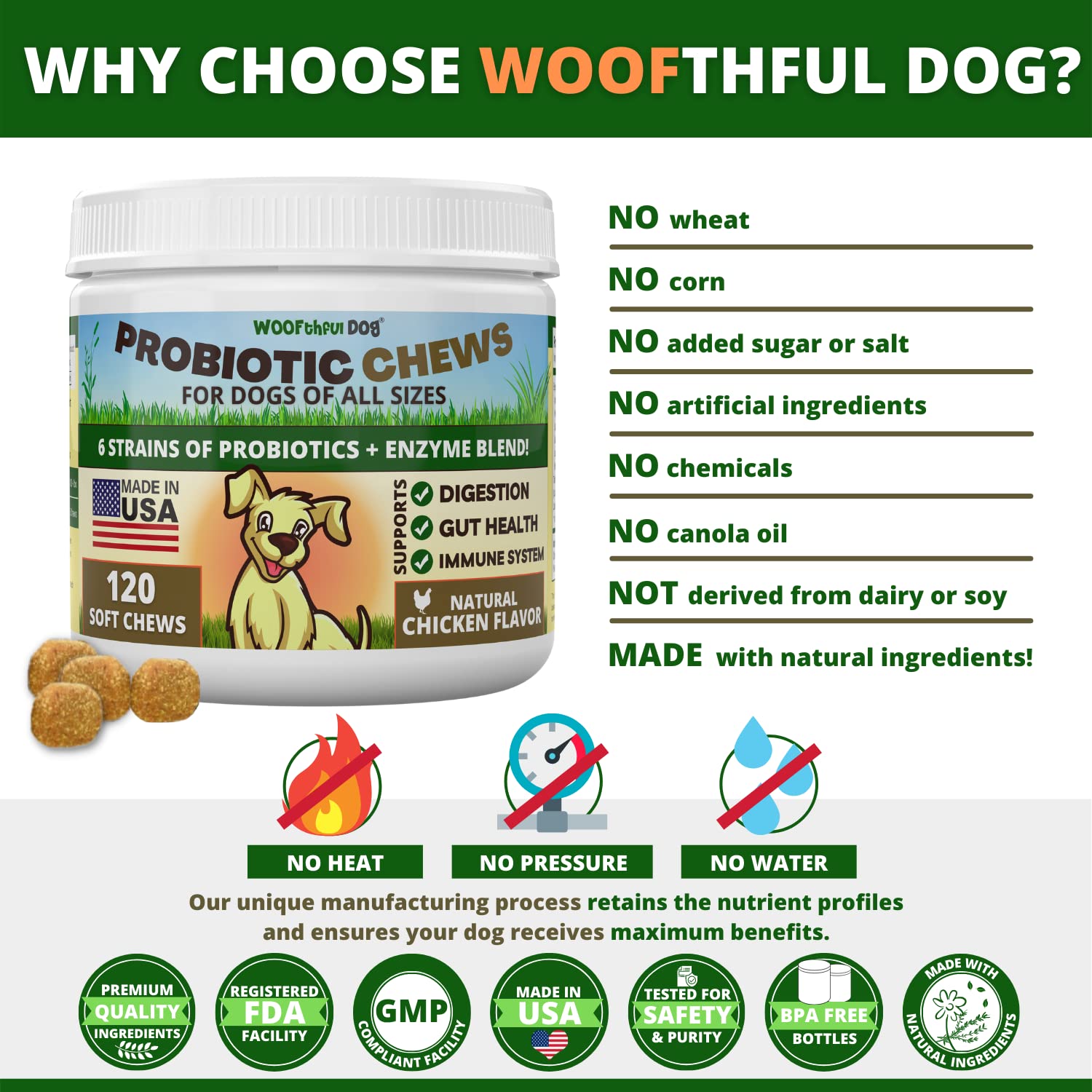 Probiotics for Dogs - Digestive Health, Gut Flora, Bowel Support, Immune System Support - Soft Chews Supplement for Dogs 120 ct, Made in USA