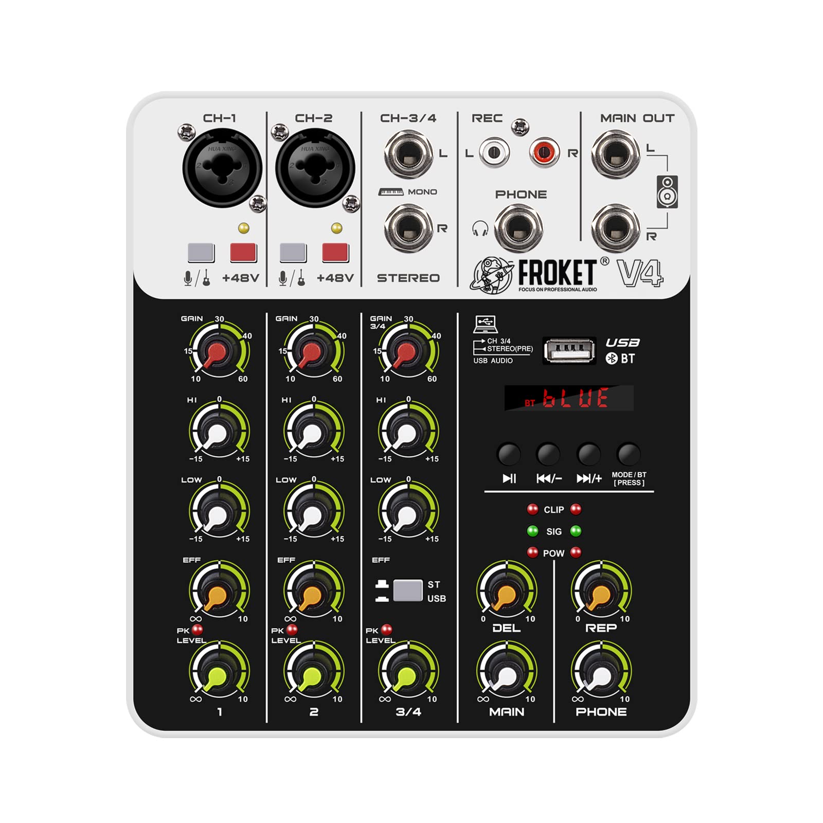 Forket V4 High-Fidelity Audio Mixer and USB Audio Interface - Portable DJ Console and Audio Console for Recording, Streaming, and Live Performances