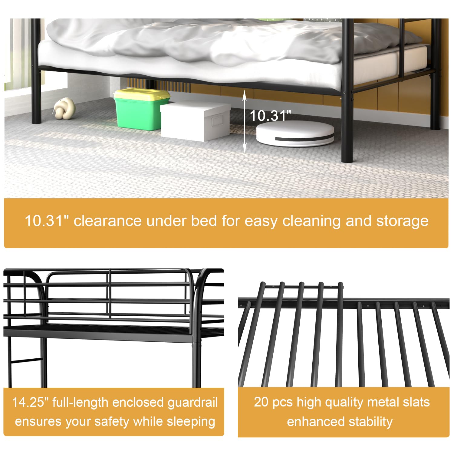 JAORD Twin-Over-Twin Bunk Beds, Full Over Twin Bunk Bed, Metal Twin Bunk Bed Frame, Full-Length Industrial Safety Rail Bunk Bed Frame with Ladder, Noiselessly, Assembly Required(Black)