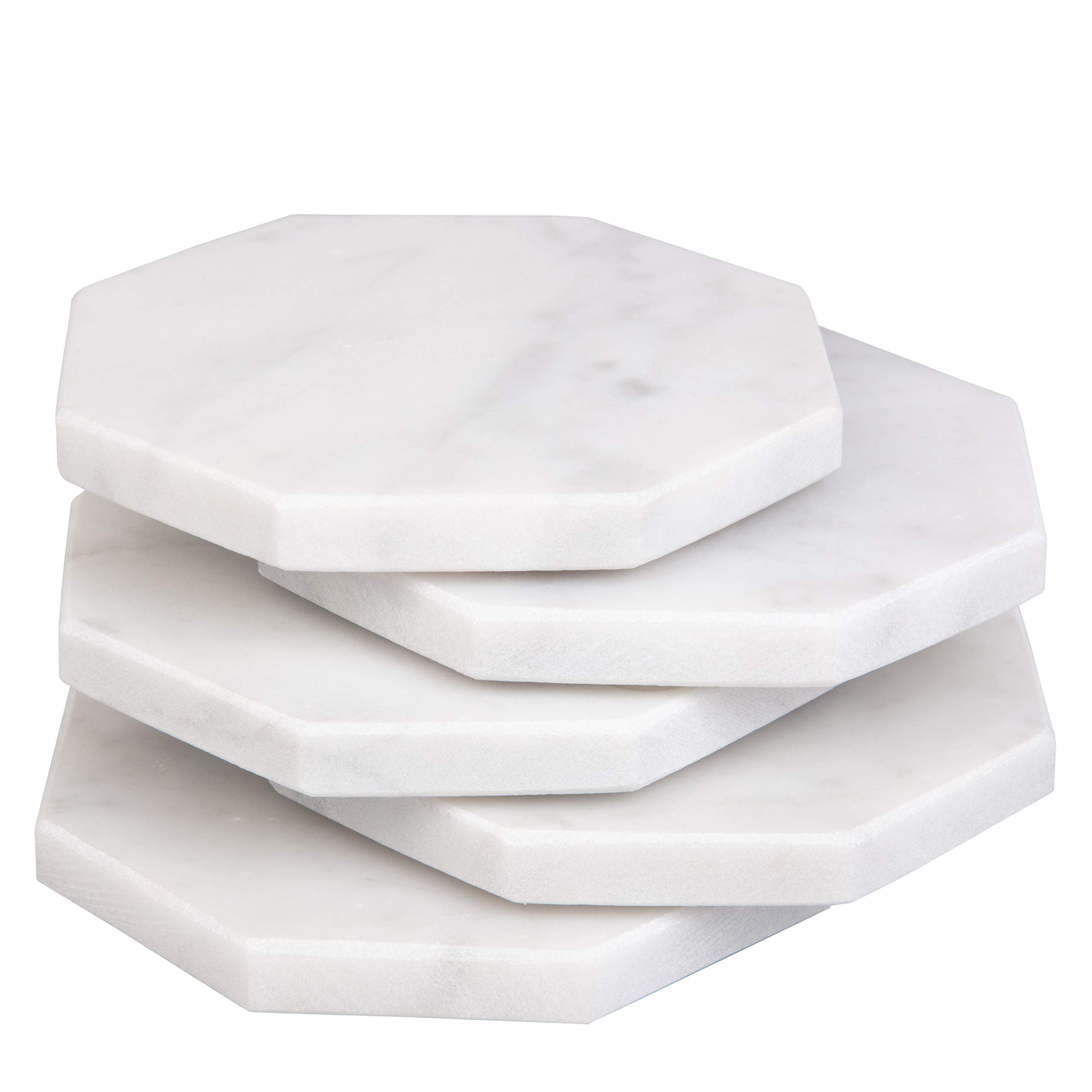 D'Eco White Carrara Marble Coasters & Rose Gold Coaster Holder (Set of 5)- Durable, Thick Coasters - Protects Any Table Type & Fits Any Coffee Mug, Drinking Glass, Barware- Holiday Idea