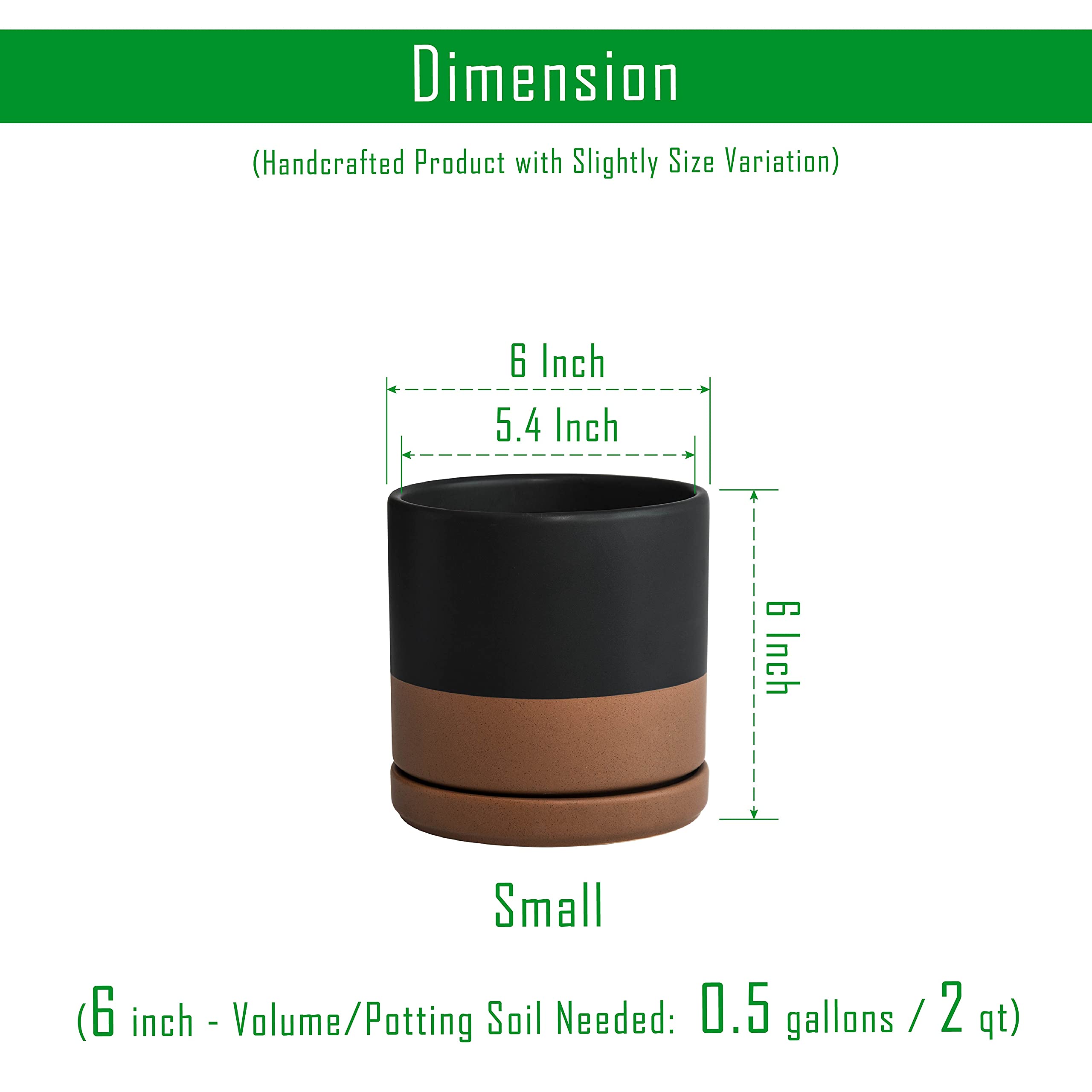 D'vine Dev 6 Inch Ceramic Planter Pot with Drainage Hole and Saucer, Indoor Cylinder Round Planter Pot, Black/Speckled Tan, 94-O-S-7