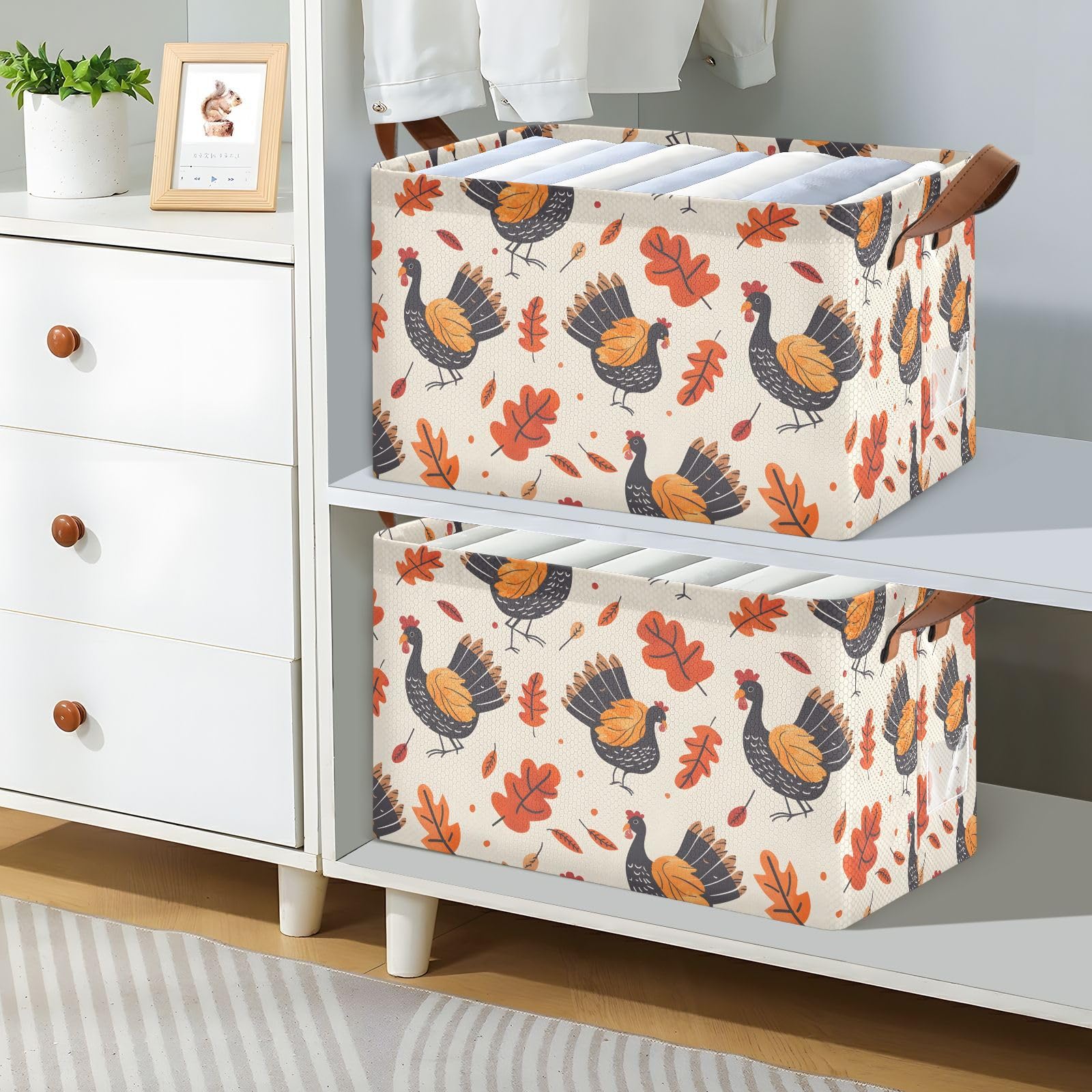 HOMONAW Rectangular Closet Storage Bin Thanksgiving Day Turkey Maple Leaf Storage Baskets with Handles Collapsible Closet Shelf Organizer for Clothes, Toys, Towel, Home, Bedroom, Office