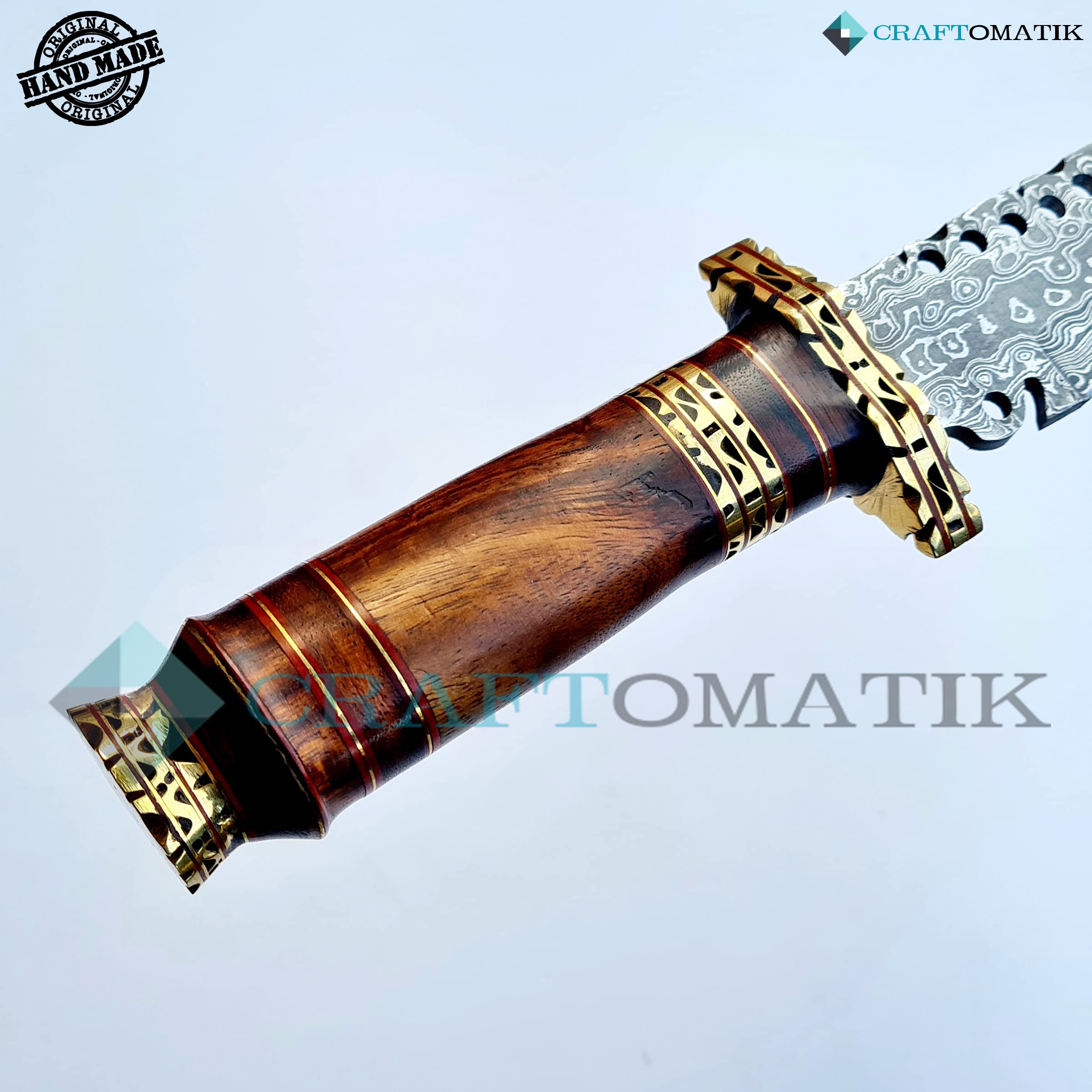 CRAFTOMATIK Hunting Knife Elite | Damascus Steel Walnut Wood and Brass Bowie DHK91, brown, 40 cm