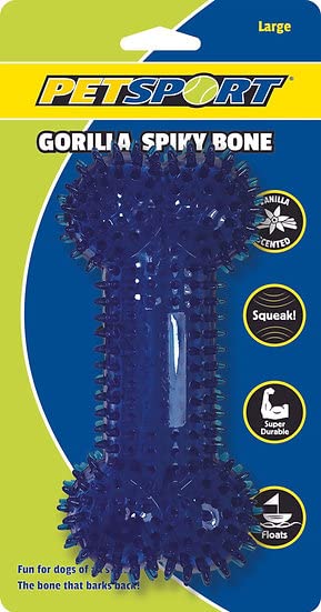 PetSport 7.5" Gorilla Spiky Squeaker Bone Dog Toy - Large | Vanilla Scented Super Durable TPR Rubber That Floats | Helps Maintain Dental Health for Your Pet, Colors Will Vary