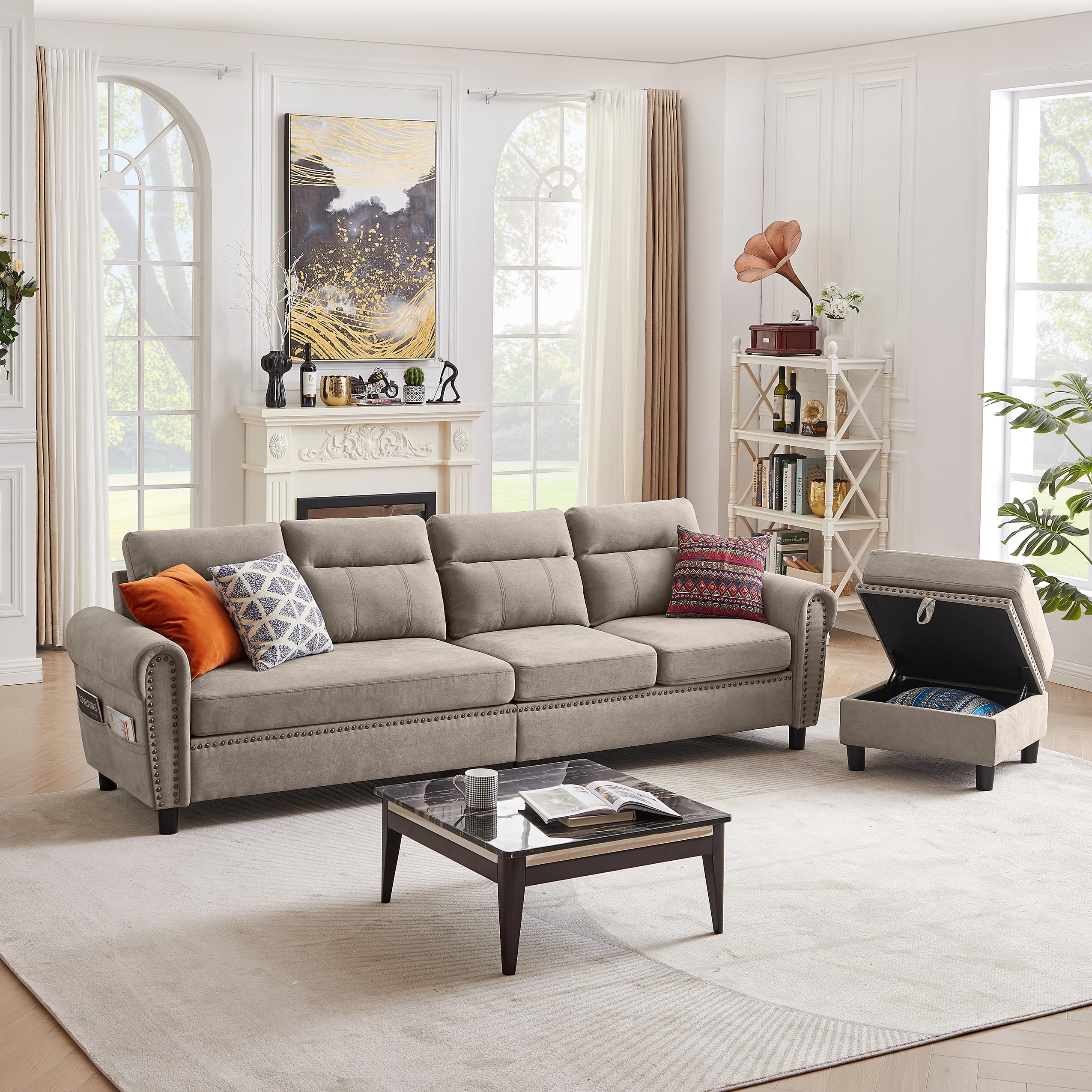 Jarenie 107" Convertible Sectional Sofa, 4-Seat L Shaped Couch with Storage Chaise Lounge and Side Pocket, Modern Linen Fabric Sectional Couches for Living Room(Light Grey)