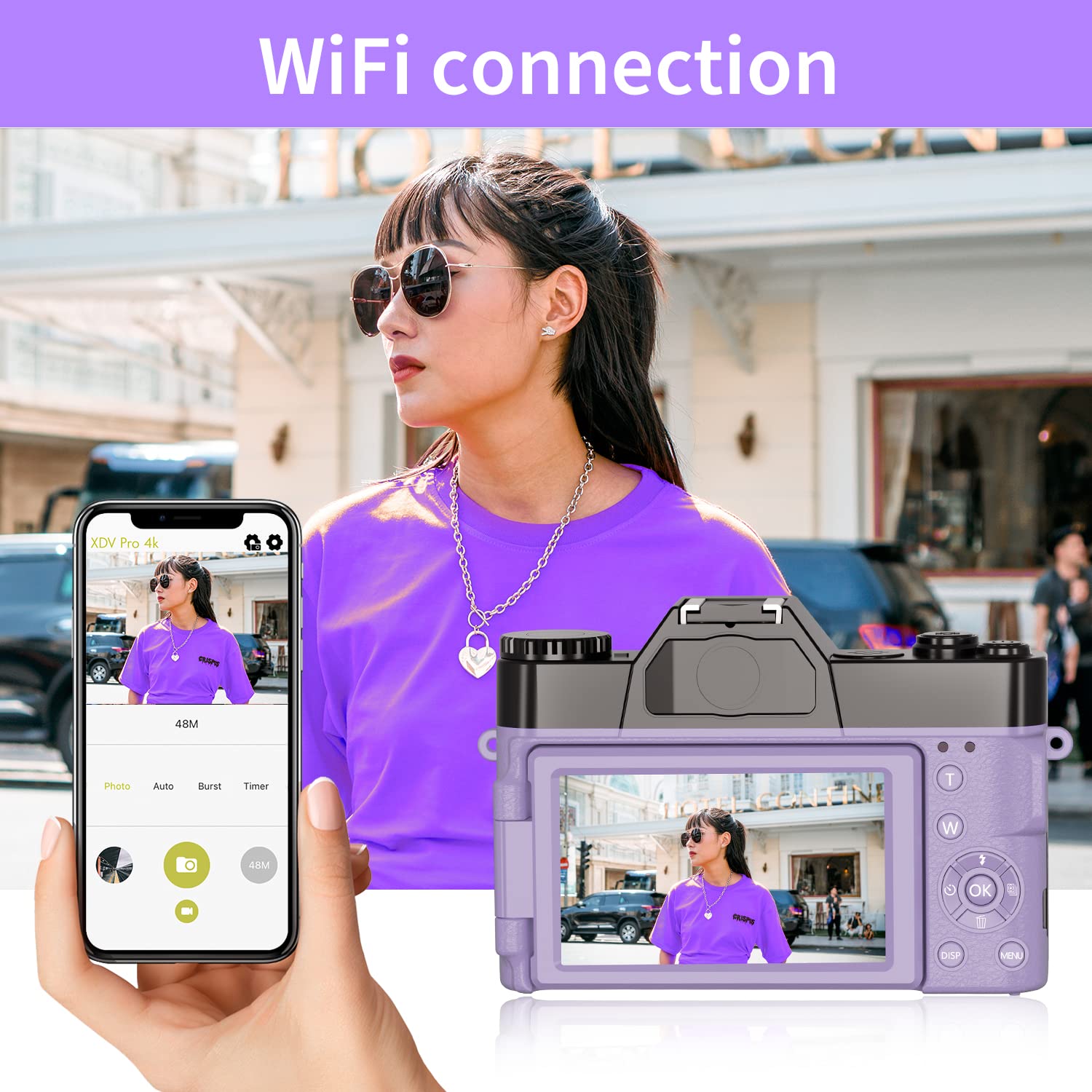 Digital Cameras for Photography, 4K 48MP Vlogging Camera 16X Digital Zoom Manual Focus Rechargeable Students Compact Camera with 52mm Wide-Angle Lens & Macro Lens, 32G Micro Card and 2 Batteries