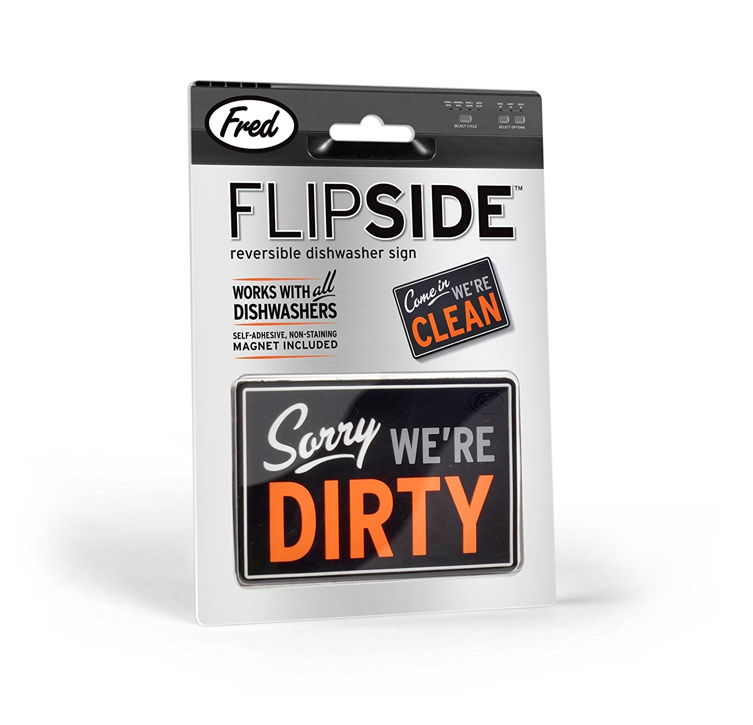 Genuine Fred FLIPSIDE Dishwasher Sign, Double-Sided, Works on all ALL Dishwashers, Self-Adhesive Magnet Included, Durable & Water Resistant, Fun Kitchen Gadget for Families and Roommates, 2.5" x 3.5"