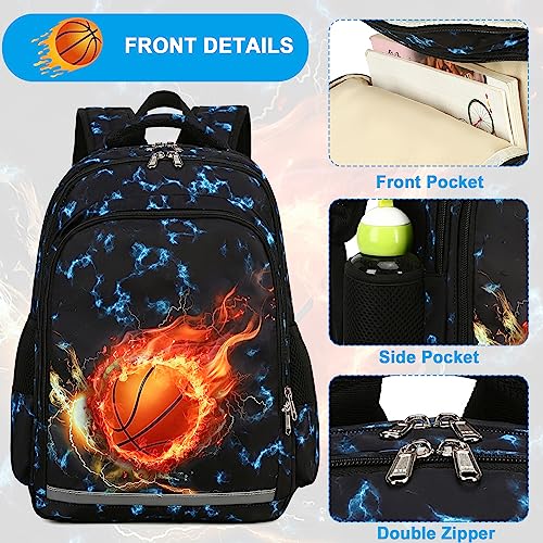 LEDAOU Kids Preschool Backpack Lunch Box Boys Kindergarten BookBag Primary Waterproof School Bag 7 Pockets with Chest Strap (Basketball Black)