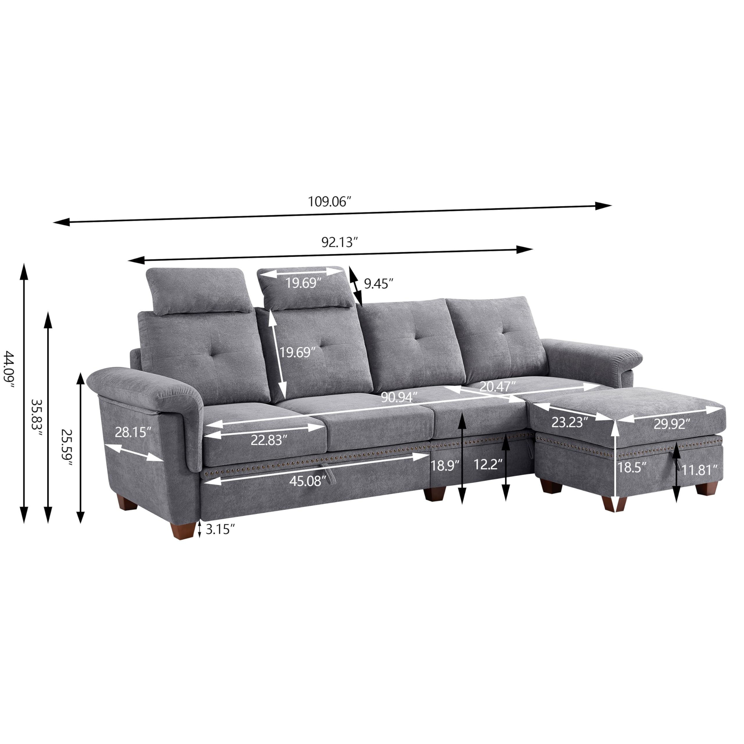 Jarenie Convertible Sectional Sofa, 4 Seat L Shaped Couch with Reversible Storage Chaise and Cupholder, Wooden Legs, Upholstered Fabric for Living Room, Apartment, Office (Light Grey)