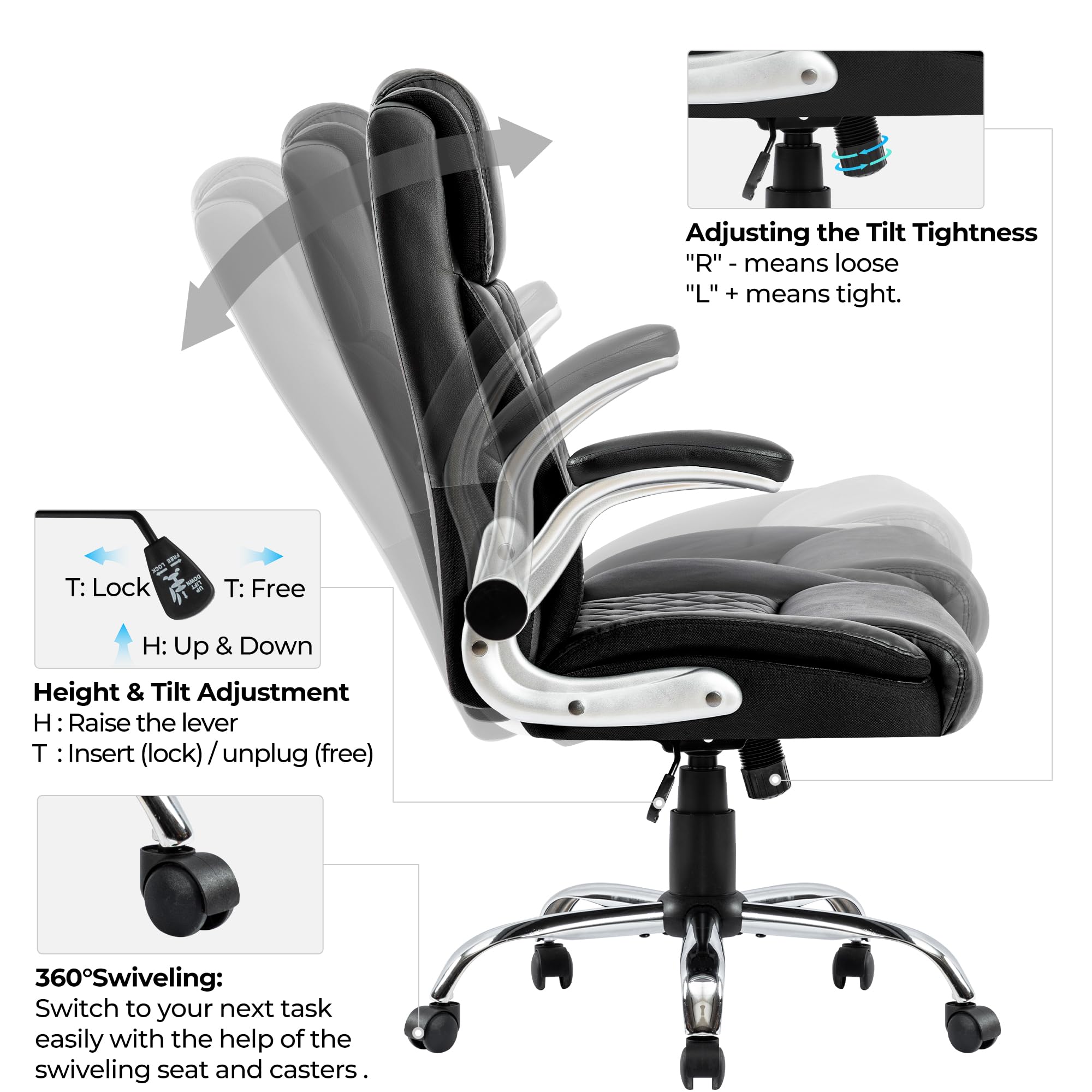 HOMYEDAMIC High Back Ergonomic Office Chair, Flip Arms Big & Tall Executive Swivel PU Bonded Leather Computer Chairs Adjustable Tilt Angle, Wide Thick Seat (7012-BK)