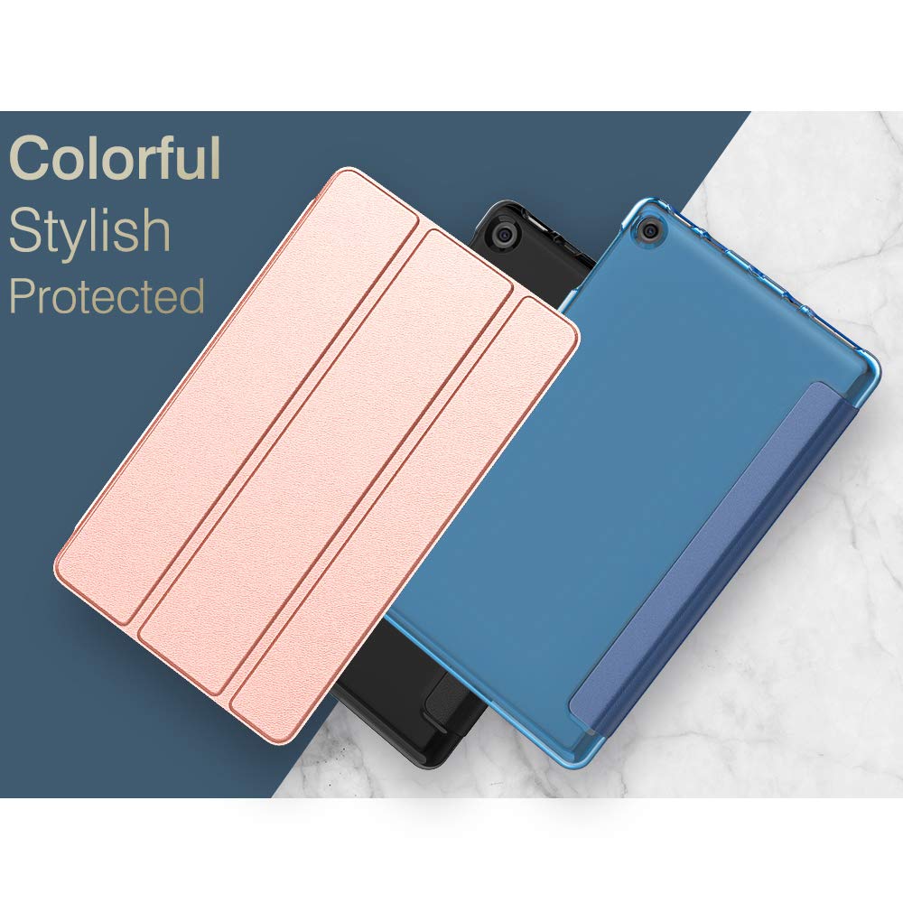Dadanism All-New Amazon Kindle Fire 7 Tablet Case (9th Generation, 2019 Release), [Flexible TPU Translucent Back Shell] Ultra Slim Lightweight Trifold Stand Cover with Auto Sleep/Wake - Rose Gold
