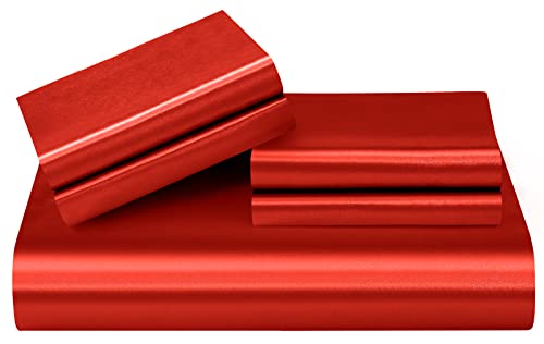 P Pothuiny 5 Pieces Satin Duvet Cover Full/Queen Size Set, Luxury Silky Like Red Duvet Cover Bedding Set with Zipper Closure, 1 Duvet Cover + 4 Pillow Cases (No Comforter)