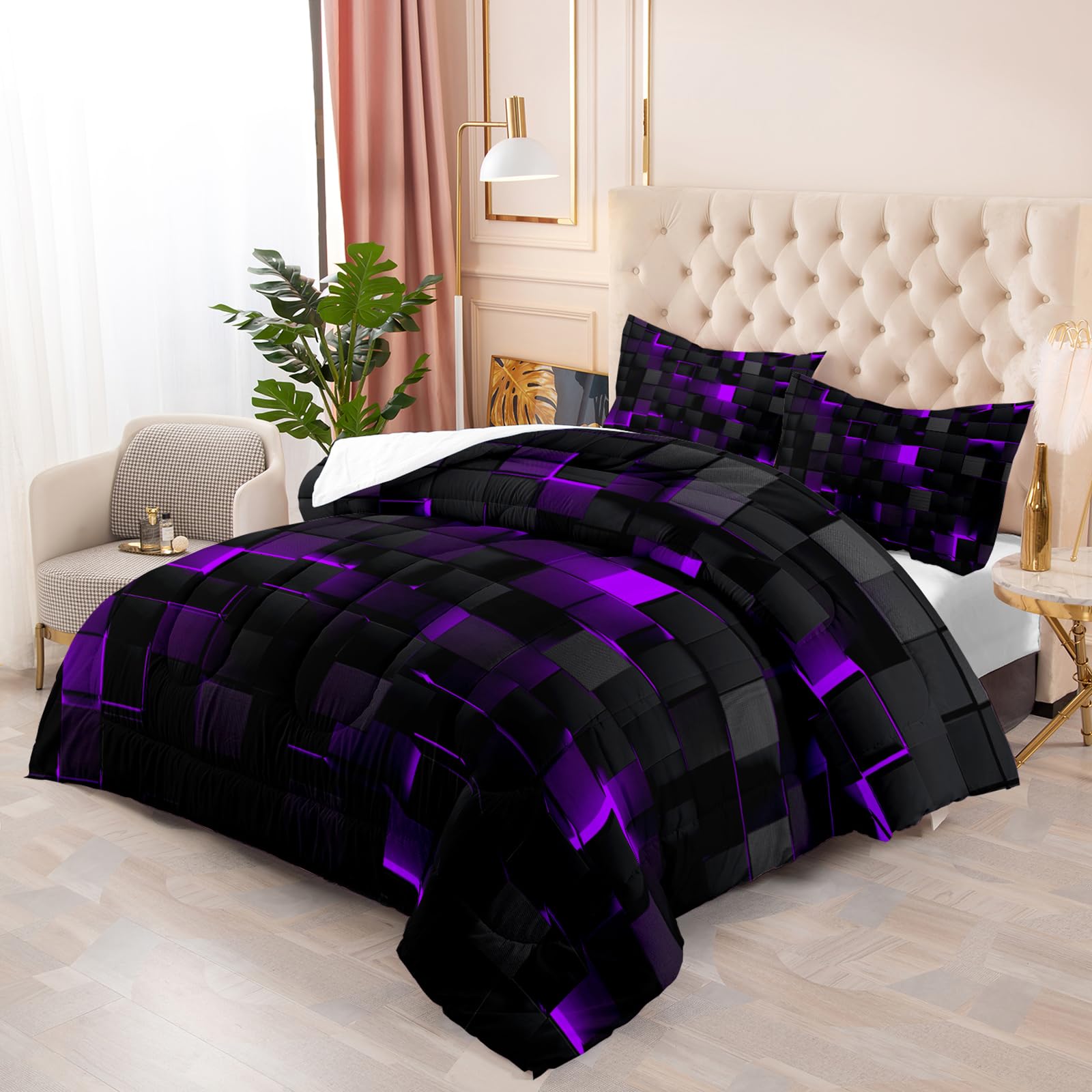 Geometric Violet Black Comforter Set,Light Honeycomb 3 Piece Bedding Set Full Size for Teen Boys,Modern Bedding Quilt Set Geometry Decor,Microfiber Lightweight 1 Comforter 2 Pillowcases All Season
