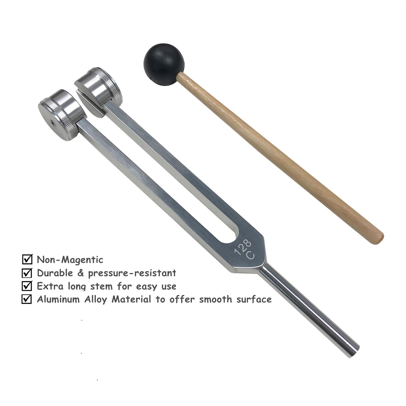 Craymin 128 Hz Tuning Fork with Silicone Hammer, Repair Tool and Cleaning Cloth Packed in Soft Zipper Velvet Bag (Siver)