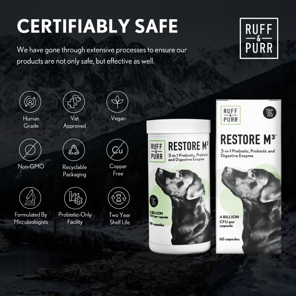 Ruff & Purr Probiotics for Dogs – Multi-Strain Probiotics and Prebiotics for Gut Health, Immune Support, Healthy Skin and Coat – Clinically Studied DE111 & PreforPro – 60 Easy to Give Capsules