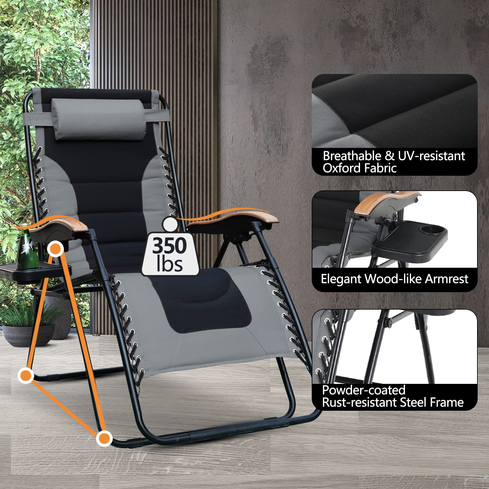PHI VILLA XL Oversize Zero Gravity Chair Padded Recliner Oversize Lounge Chair with Free Cup Holder,Support 350 LBS (Grey)