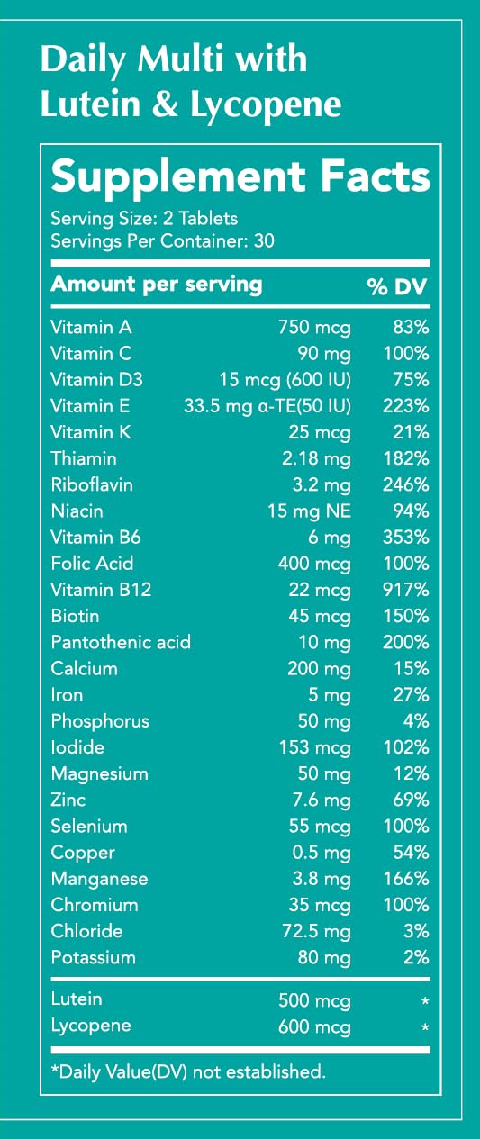 DAIKEN Lutein Multivitamin with Lycopene, Time Released Multivitamin for Women & Men, 27 Full Spectrum Vegan Multivitamin, Mini & Easy to Swallow, 60 Tablets (Pack of 2)