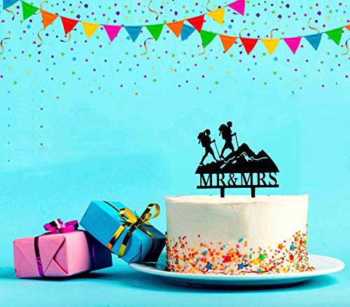 Mountain Wedding Cake Topper, Mr & Mrs Cake Topper, Hiking Theme Wedding Cake Decoration, Black Backpacking Bride and Groom Silhouettes Cake Topper