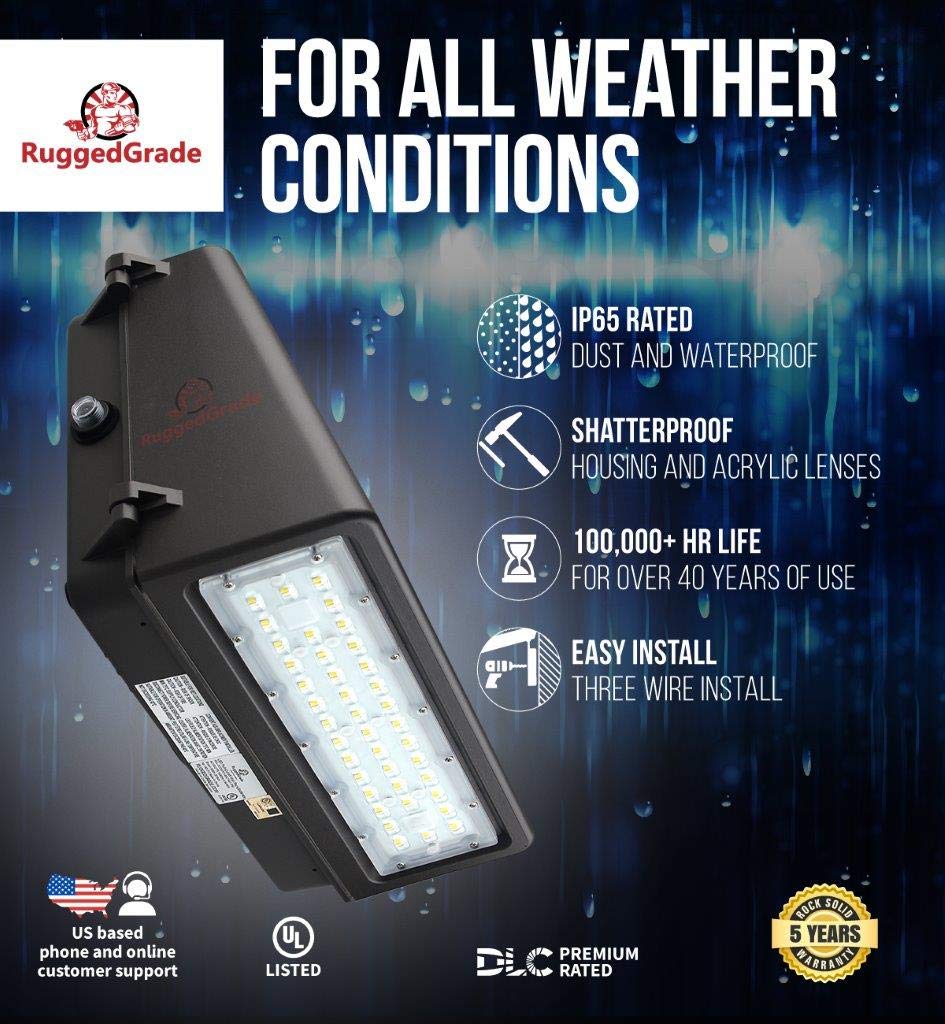 RuggedGrade 40 Watt LED Wall Pack Light - Tucana II Series Full Cut Off - 5,200 Lumens- 5000K - with Photocell Dusk to Dawn Sensor - Dark Sky Compliant