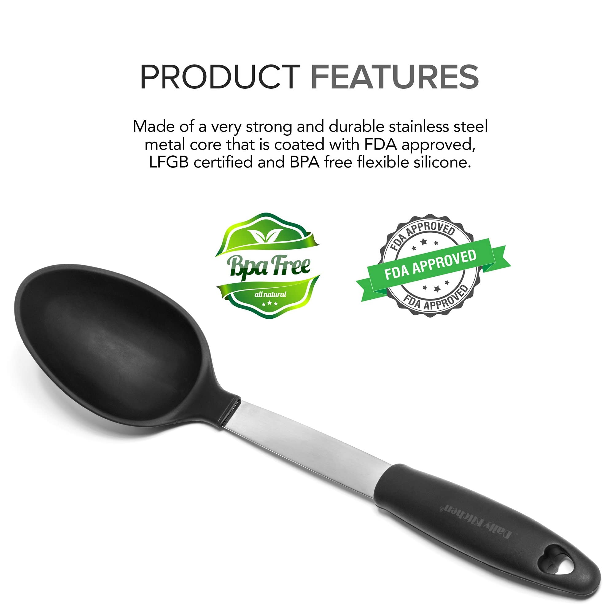 Daily Kitchen Cooking Spoons Set Heat Resistant Silicone and Stainless Steel Metal - Serving Spoon with Rubber Grip - Flexible Silicone Spoon for Non Stick Cookware β Spoons for Cooking β 2-Set