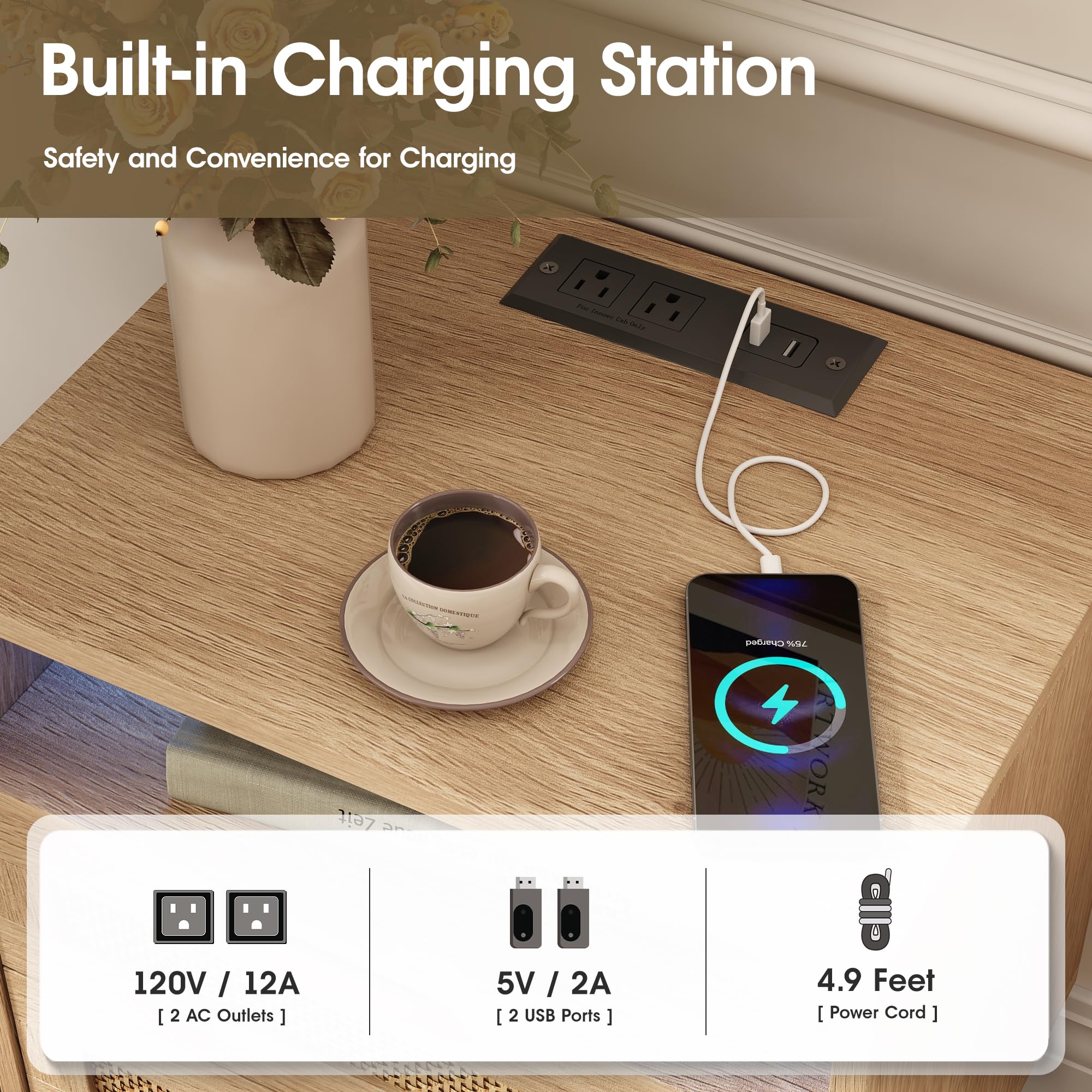 Halitaa Rattan Nightstand with Charging Station USB Port Led Lights and 3 Storage Drawers, Bedroom Furniture Night Stand Bedside Table Bed Side Table End Table Sofa Table (2 Pack)