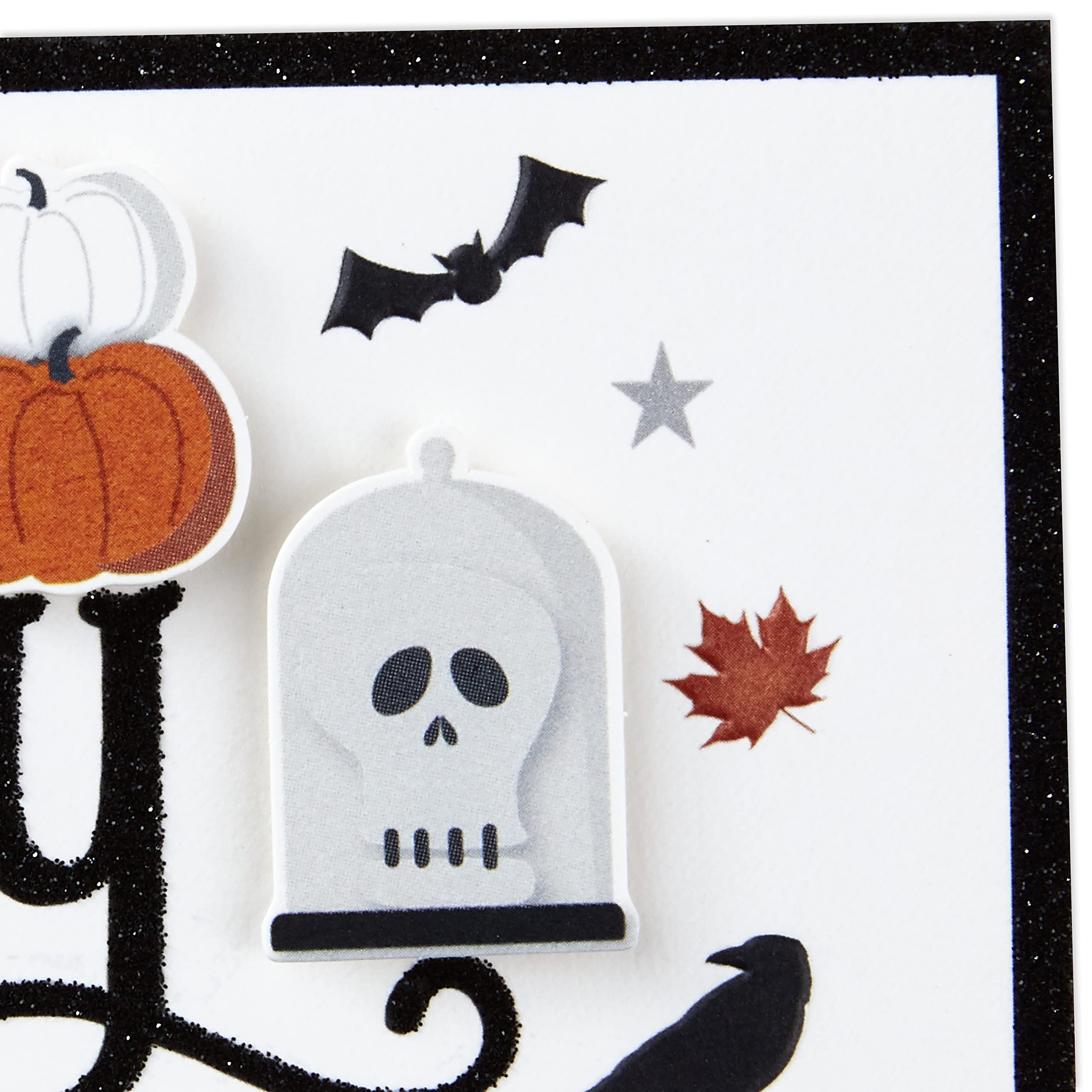 Hallmark Black and White Happy Halloween Card (Spell of Fun) Skull, Pumpkins, Bats, Spider Webs, Leaves