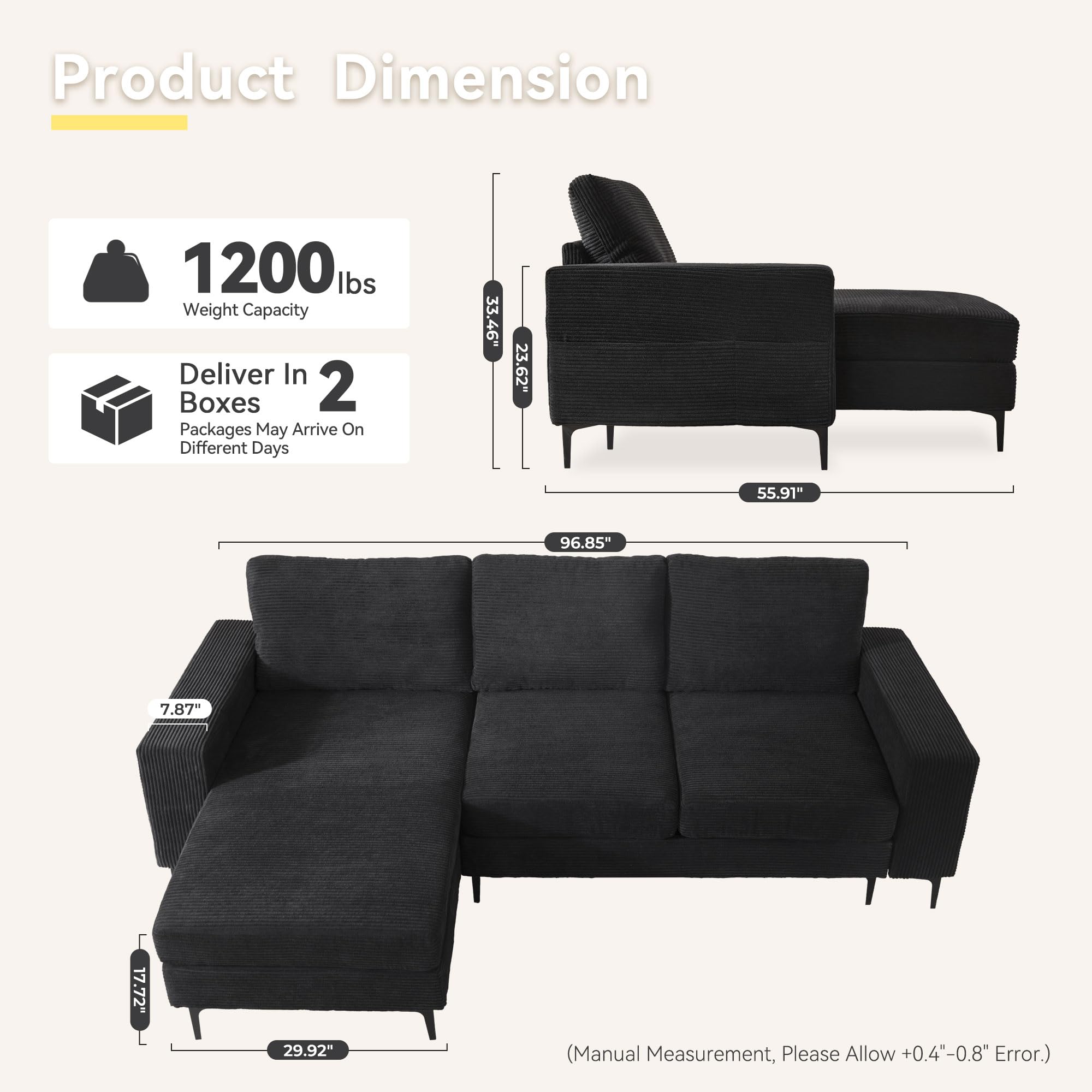 HOOOWOOO 100" L Shaped Couch with Left Chaise,Black Corduroy Home Sofa Living Room,Modern Extra Deep Sofa Couch Set,Corner Couch Comfortable