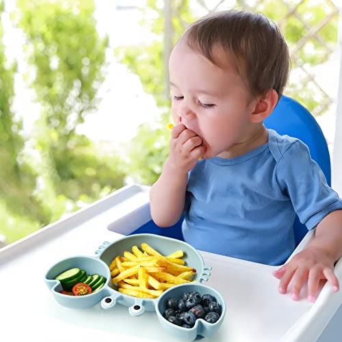 PandaEar 2 Pack Silicone Suction Plate for Baby, Divided Unbreakable Toddler Food Plate with 2 Pack Spoons for Self Feeding, Toddler Utensils Feeding Set Baby Eating Supplies, Crab Shape, Blue&Green