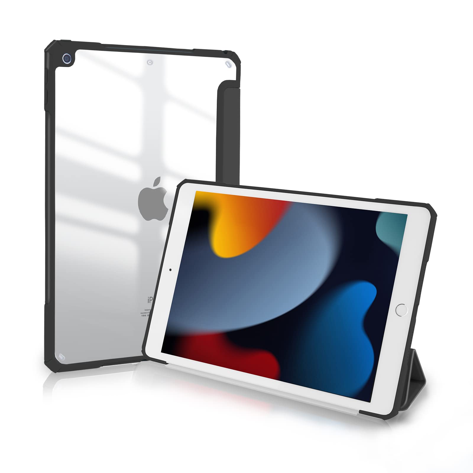 Dwopar Case for iPad 10.2, iPad 9th Generation 2021/ iPad 8th Generation 2020/ iPad 7th Generation 2019, Clear Hard Back Shell, Shockproof Transparent Protective Cover, Trifold Stand (Black)