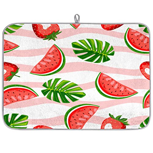 Watermelon Pink Stripes Kitchen Drying Mat 18 x 24 Inch - Reversible Super Absorbent Fiber Dish Drying Pad with Non-Slip Backing for Countertop Tea Coffee Bar Accessories