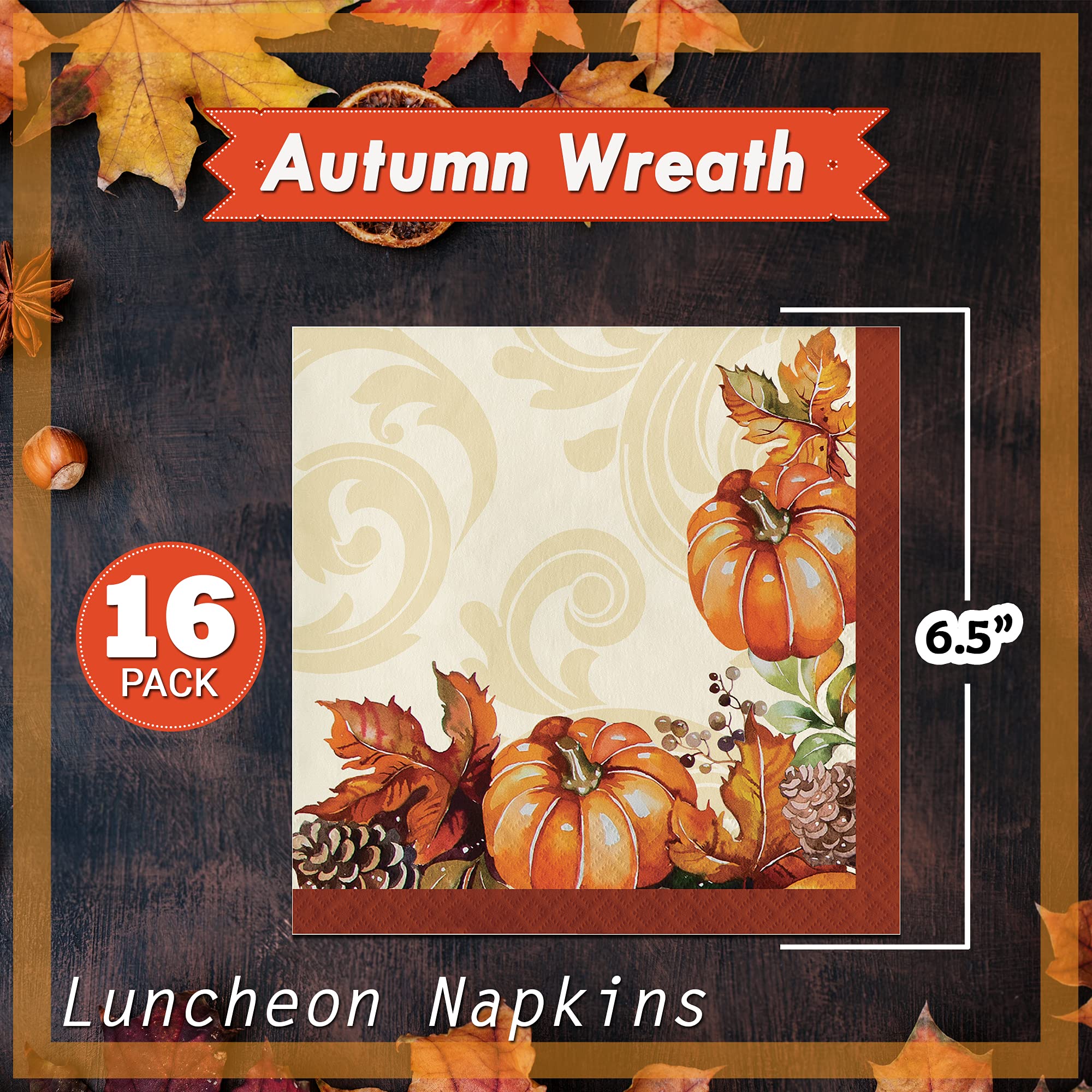 Creative Converting Autumn Wreath Dinnerware Party Bundle | Dinner & Dessert Plates, Luncheon & Beverage Napkins, Table Cover | Thanksgiving Family Dinner, Pumpkins, Cornucopia, Disposable