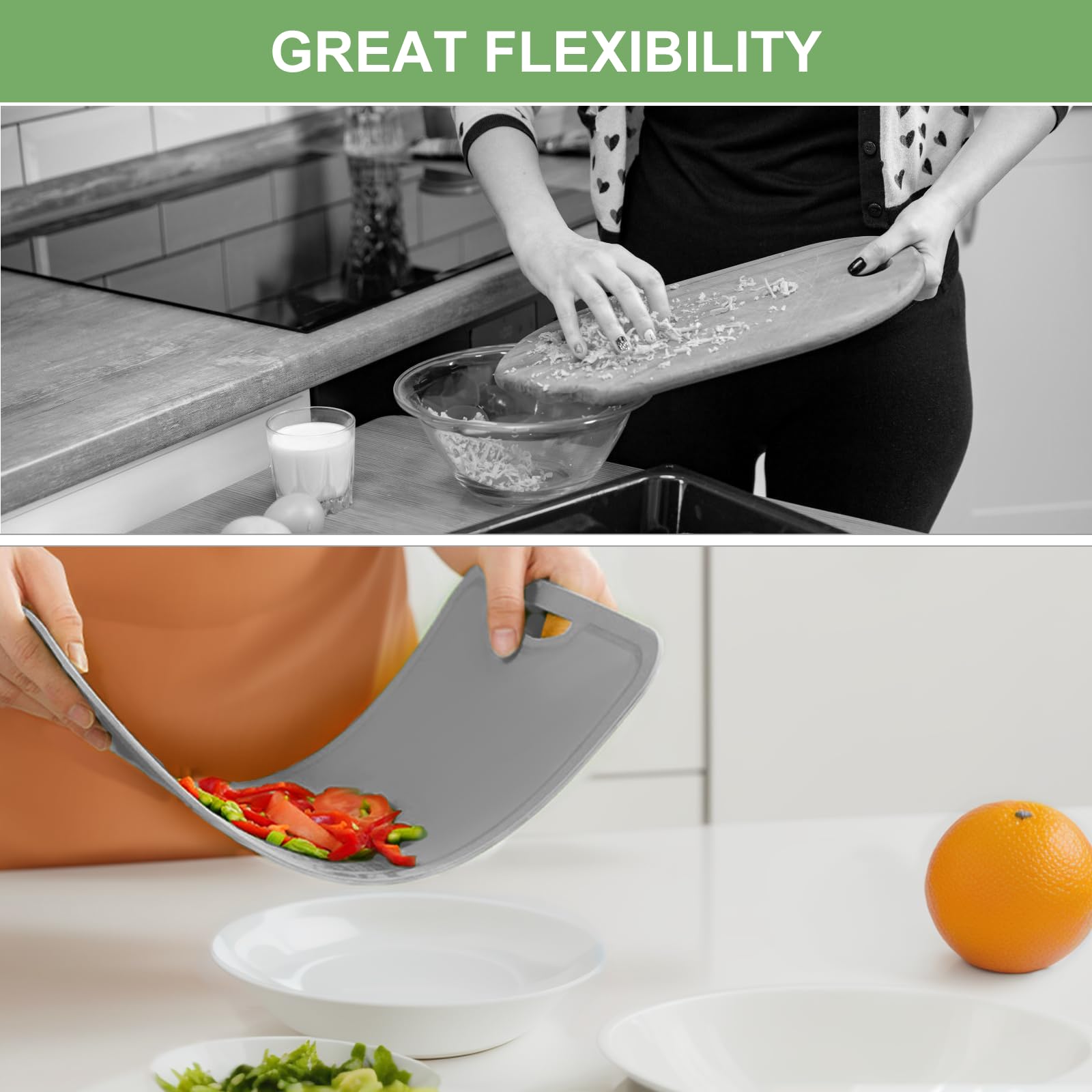 Gintan Flexible TPU Cutting Board with Knife and Juice Groove, BPA Free Flexible Chopping Boards for Kitchen Dishwasher Safe Easy Grip Handle(Grey)