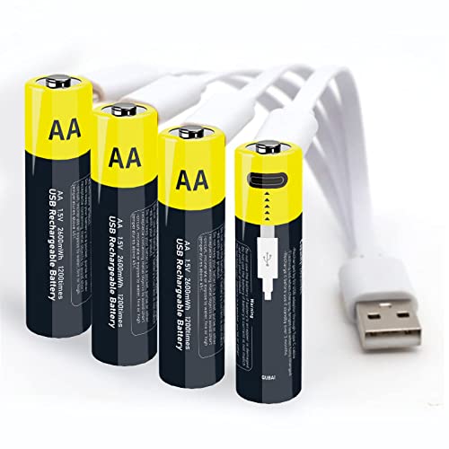 QUBAI Type-C Lithium Rechargeable Batteries AA, 1.5V USB Li-Ion AA Battery, Rechargeable, 2600mWh with Type C Charging Cable, Quick Charge in 2 Hours, (Pack of 4) (4AA)